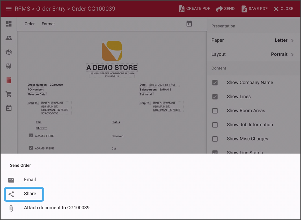 Share, Print, or Attach the PDF Document for a Quote or Order – Apps