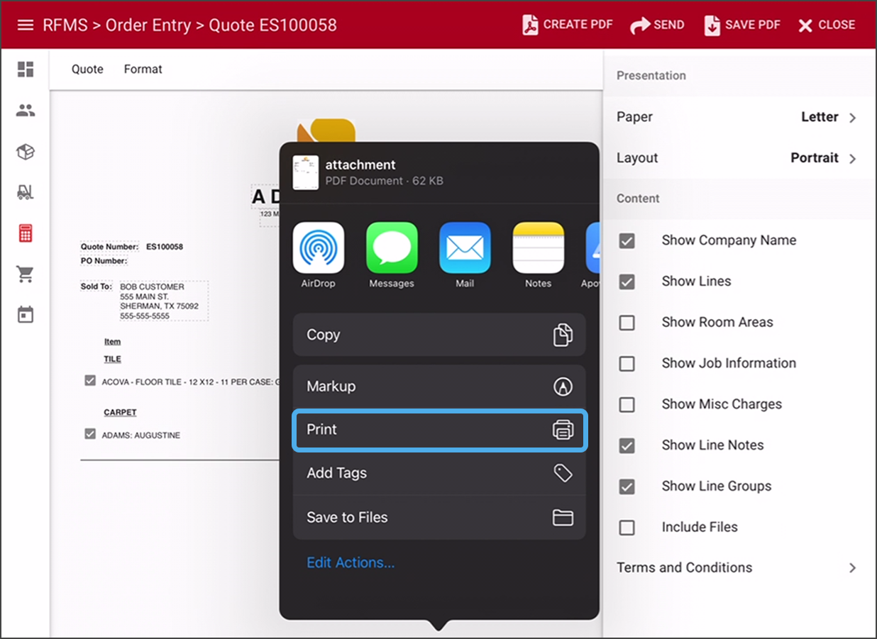 Share, Print, or Attach the PDF Document for a Quote or Order – Apps